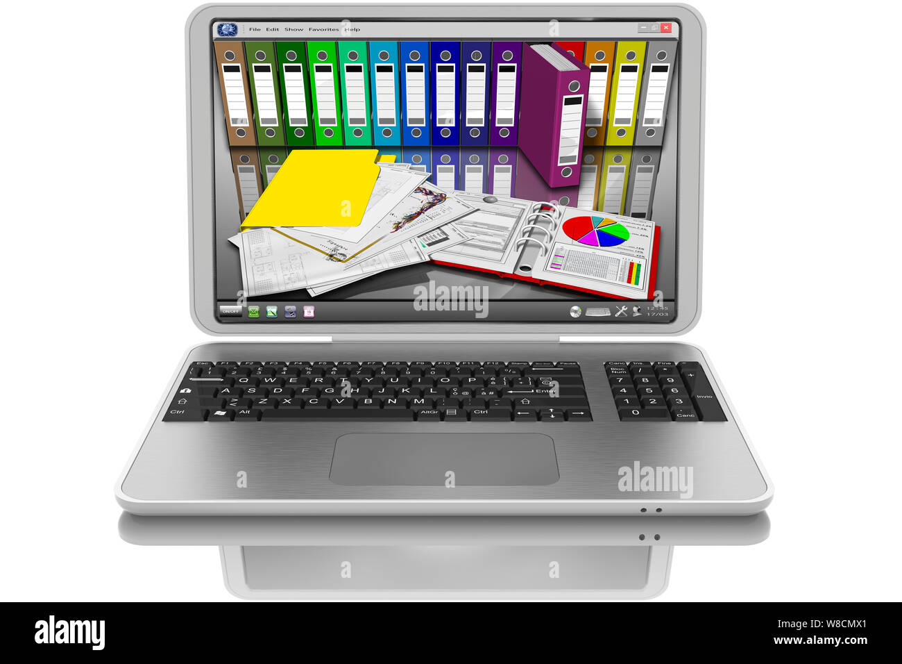 3D illustration. Opened gray laptop. On the screen folders and binders ...