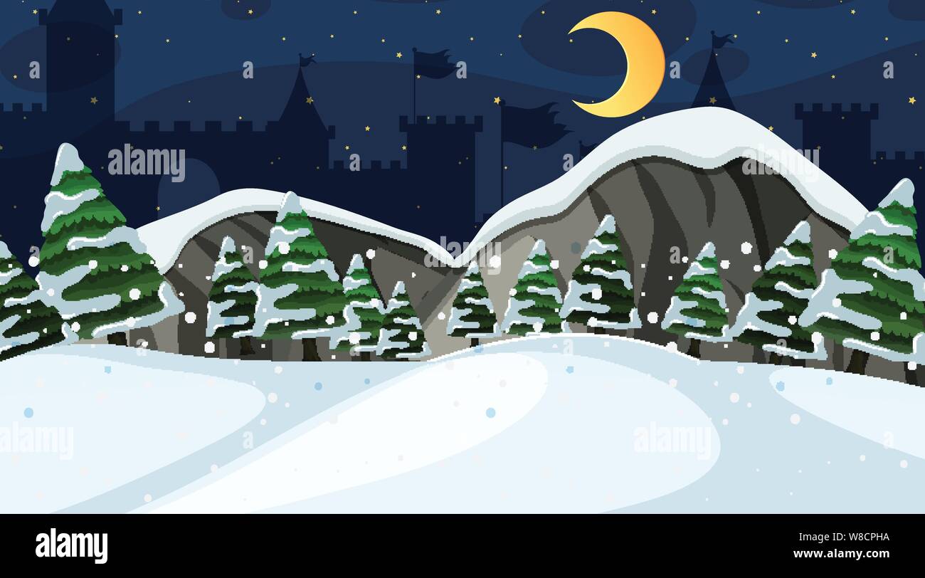 Background design of landscape with snow field at night illustration ...