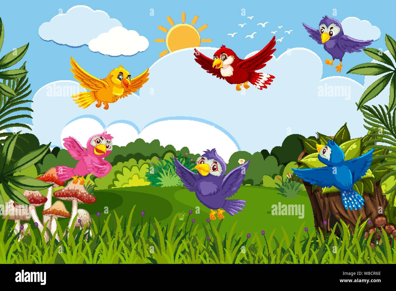 Colorful birds in jungle scene illustration Stock Vector Image & Art ...