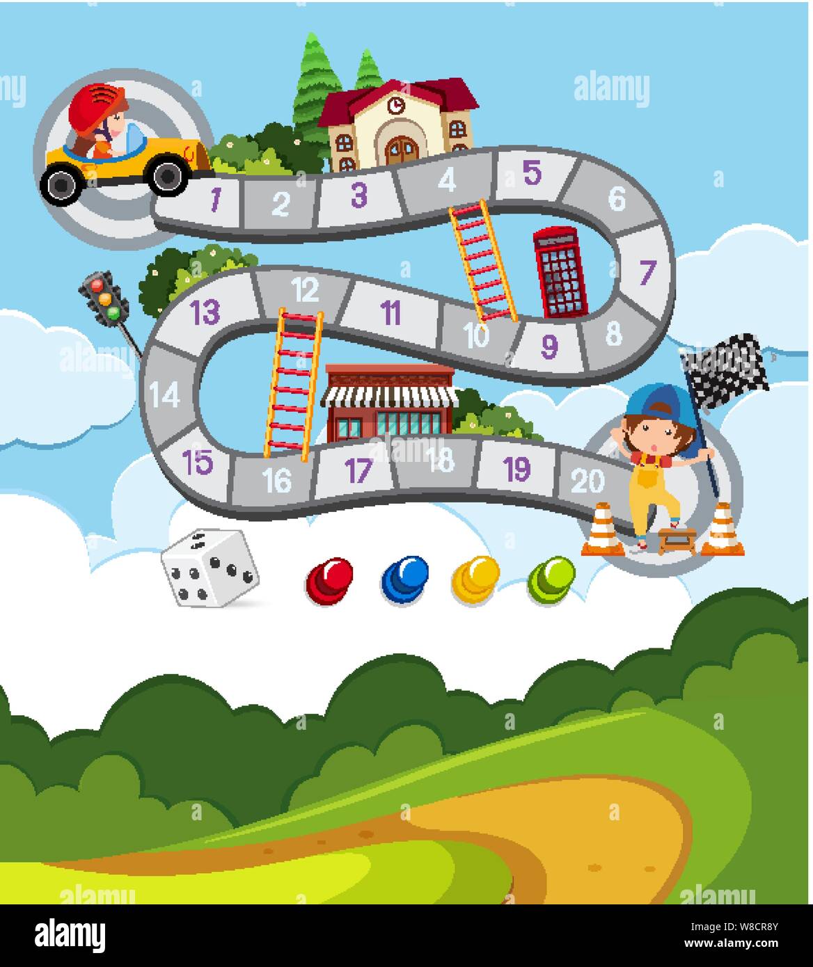 Boardgame design template with kid in racing car illustration Stock ...