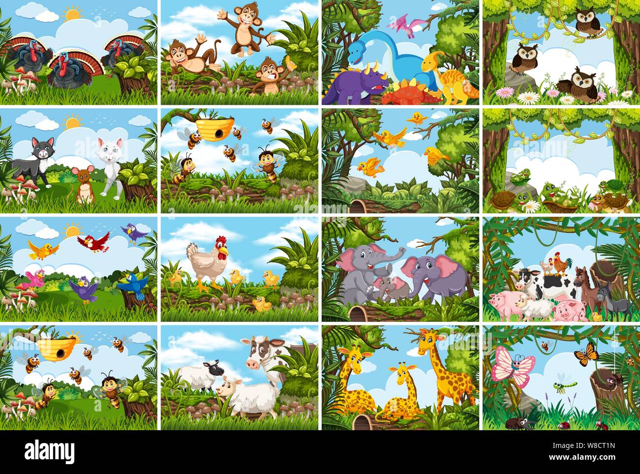 Set of various animals in nature scenes illustration Stock Vector Image ...
