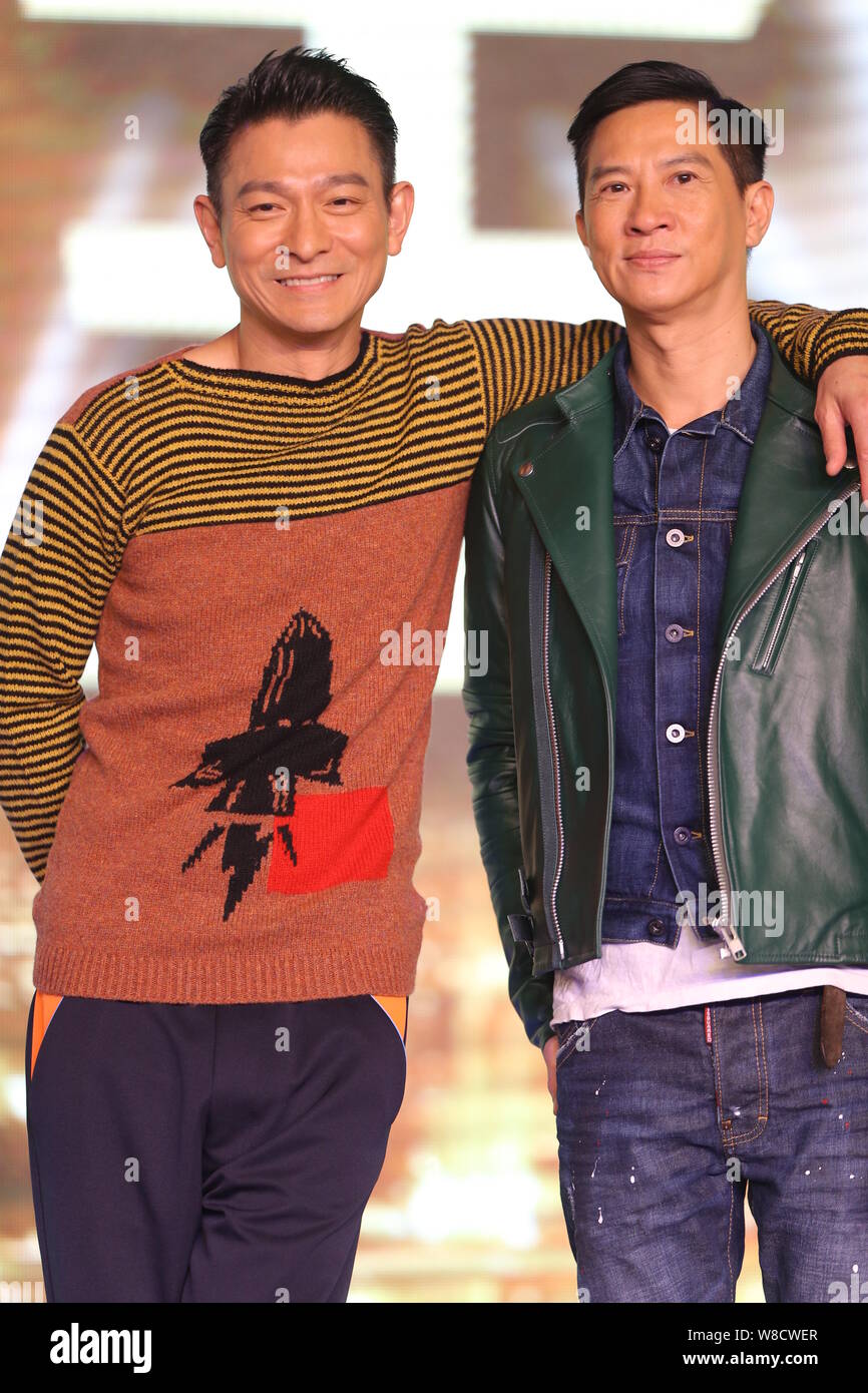 Hong Kong actors Andy Lau, left, and Nick Cheung pose at a press ...