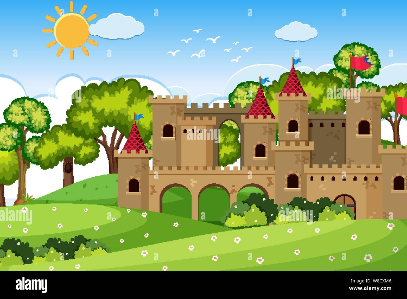 An outdoor scene with castle illustration Stock Vector Image & Art - Alamy
