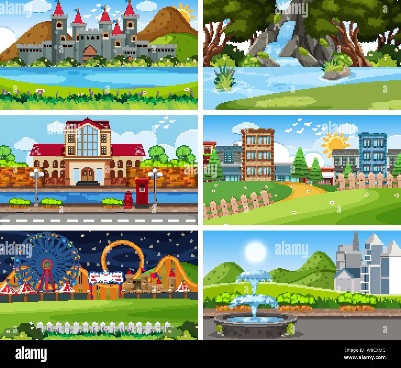 A set of outdoor scene including building illustration Stock Vector ...