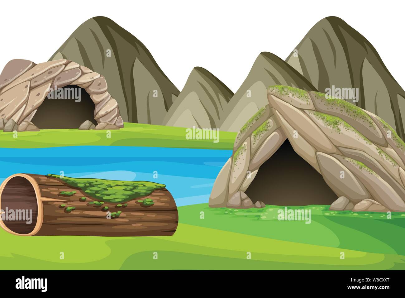 Scenery background of cave by the lake illustration Stock Vector Image ...