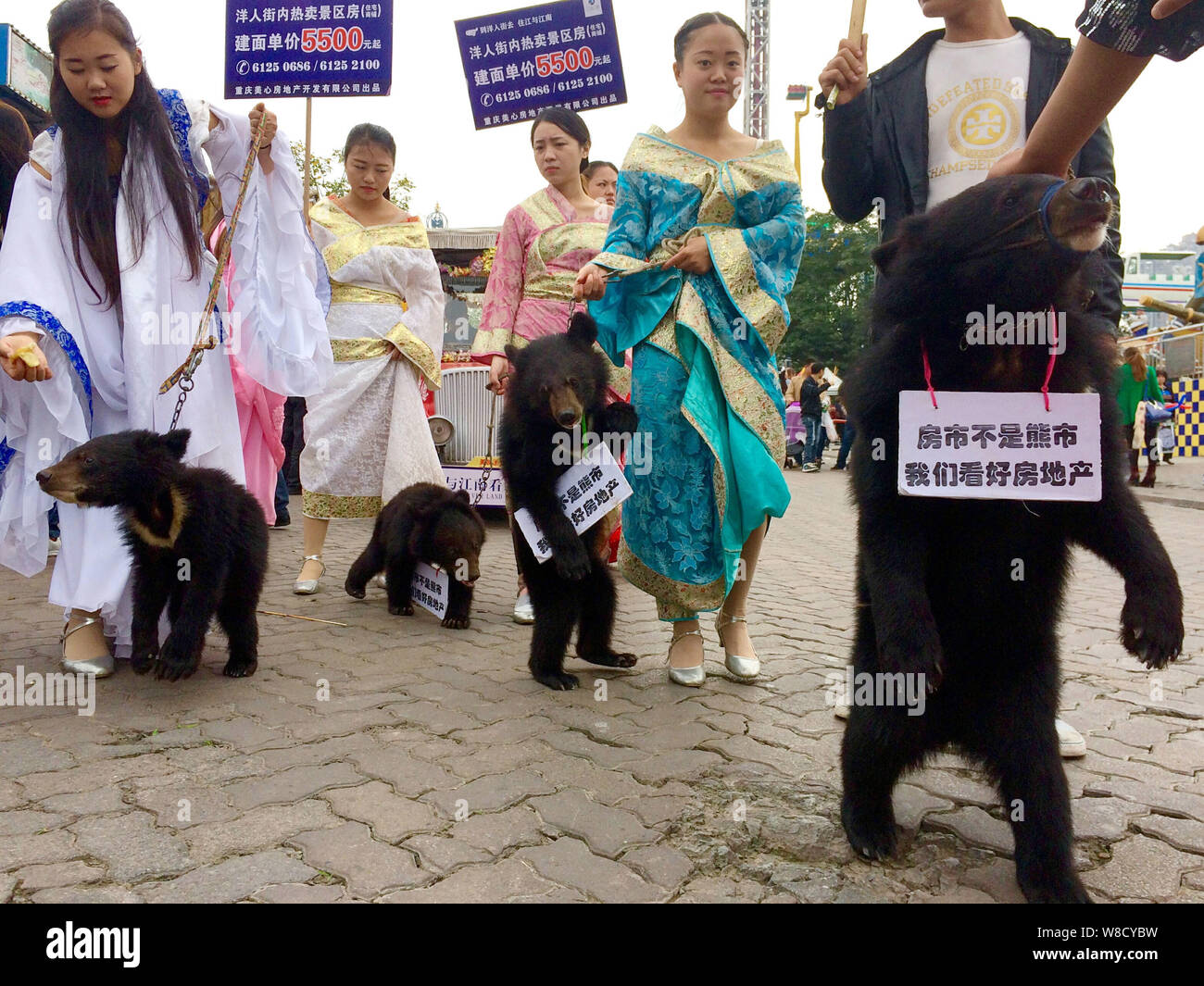 Chinese women dressed in traditional Han costumes lead black bear cubs ...