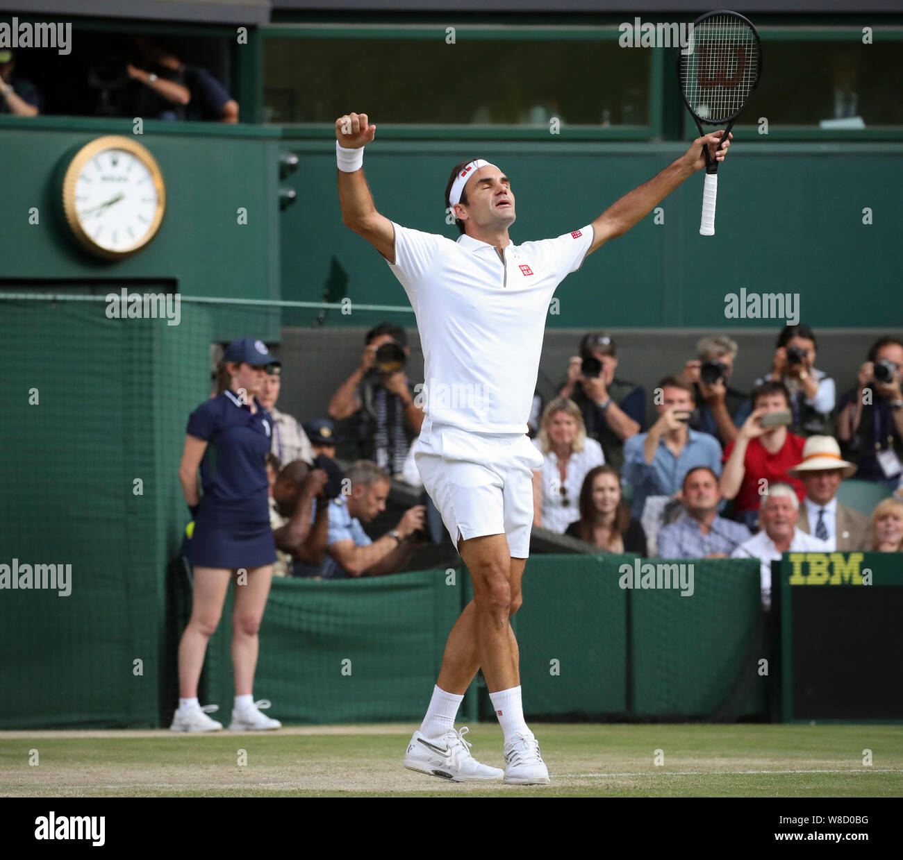 Swiss tennis player Roger Federer celebrating his victory during 2019 ...