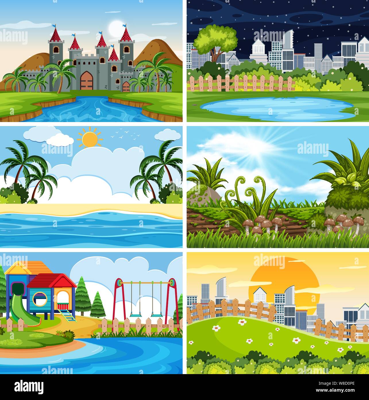 A set of outdoor scene including castle illustration Stock Vector Image ...