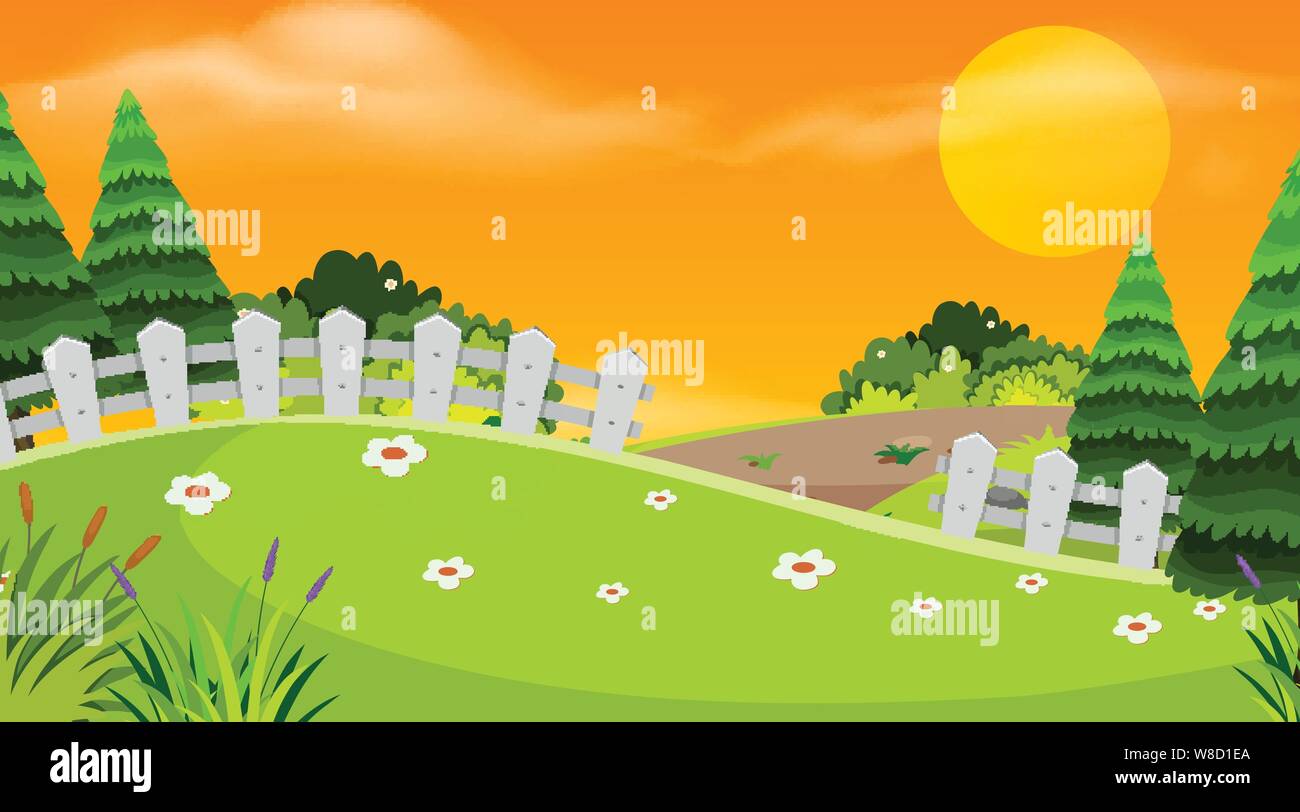 Background design of landscape with park at sunset illustration Stock ...