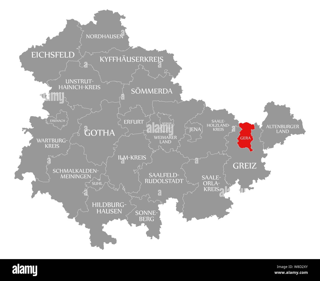 Gera red highlighted in map of Thuringia Germany Stock Photo - Alamy