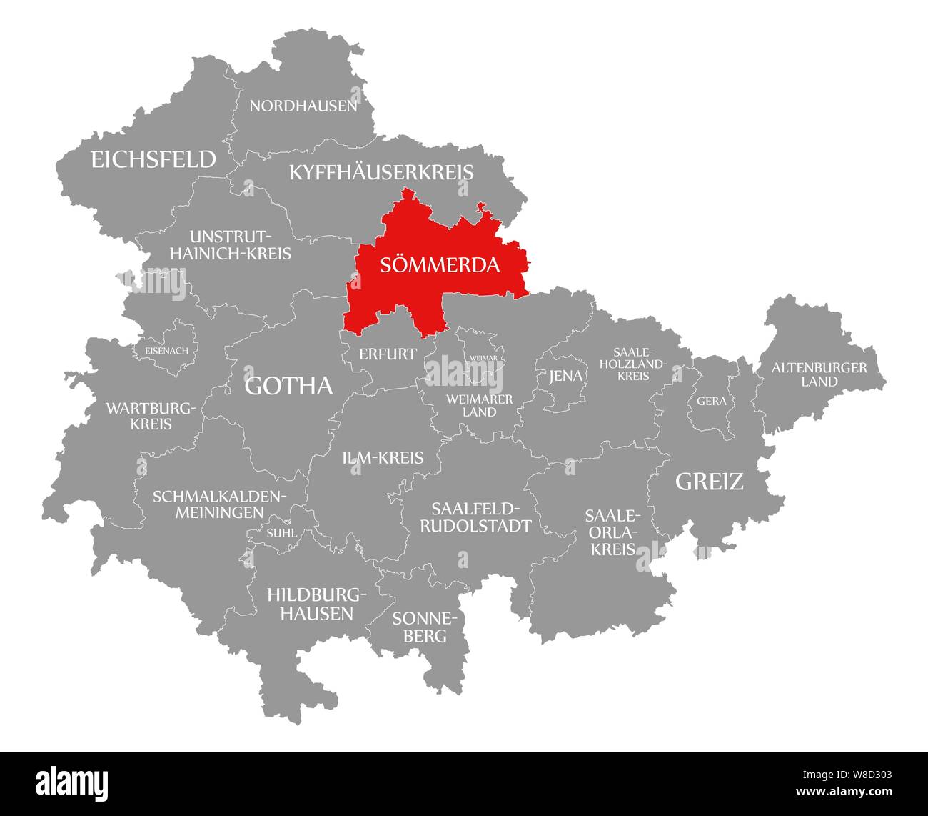Soemmerda red highlighted in map of Thuringia Germany Stock Photo - Alamy