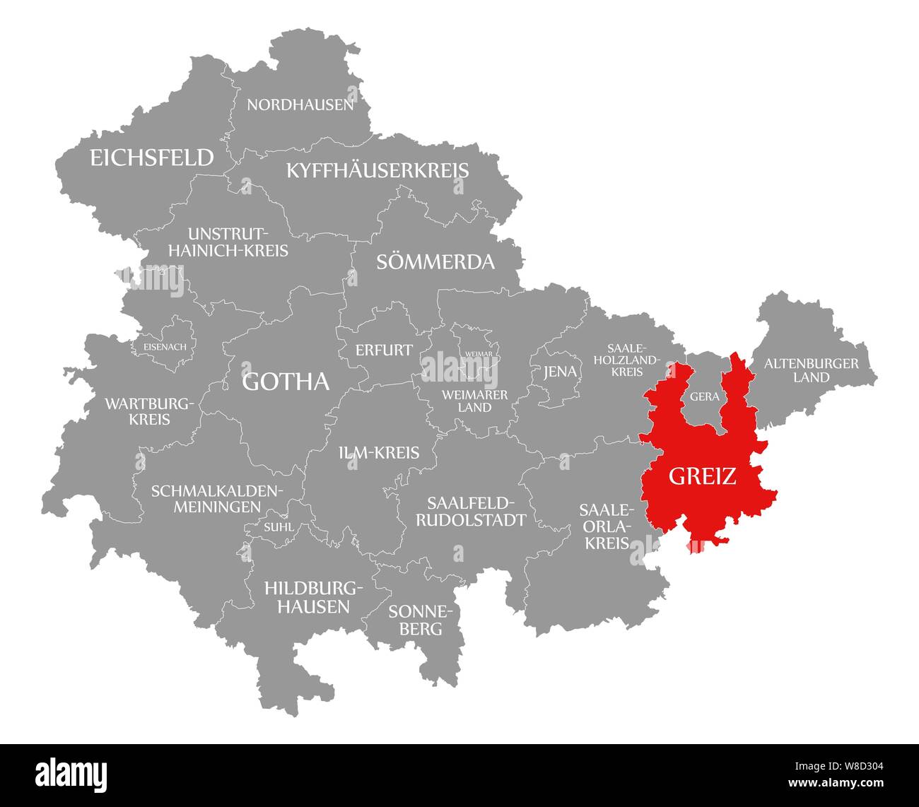 Greiz red highlighted in map of Thuringia Germany Stock Photo - Alamy