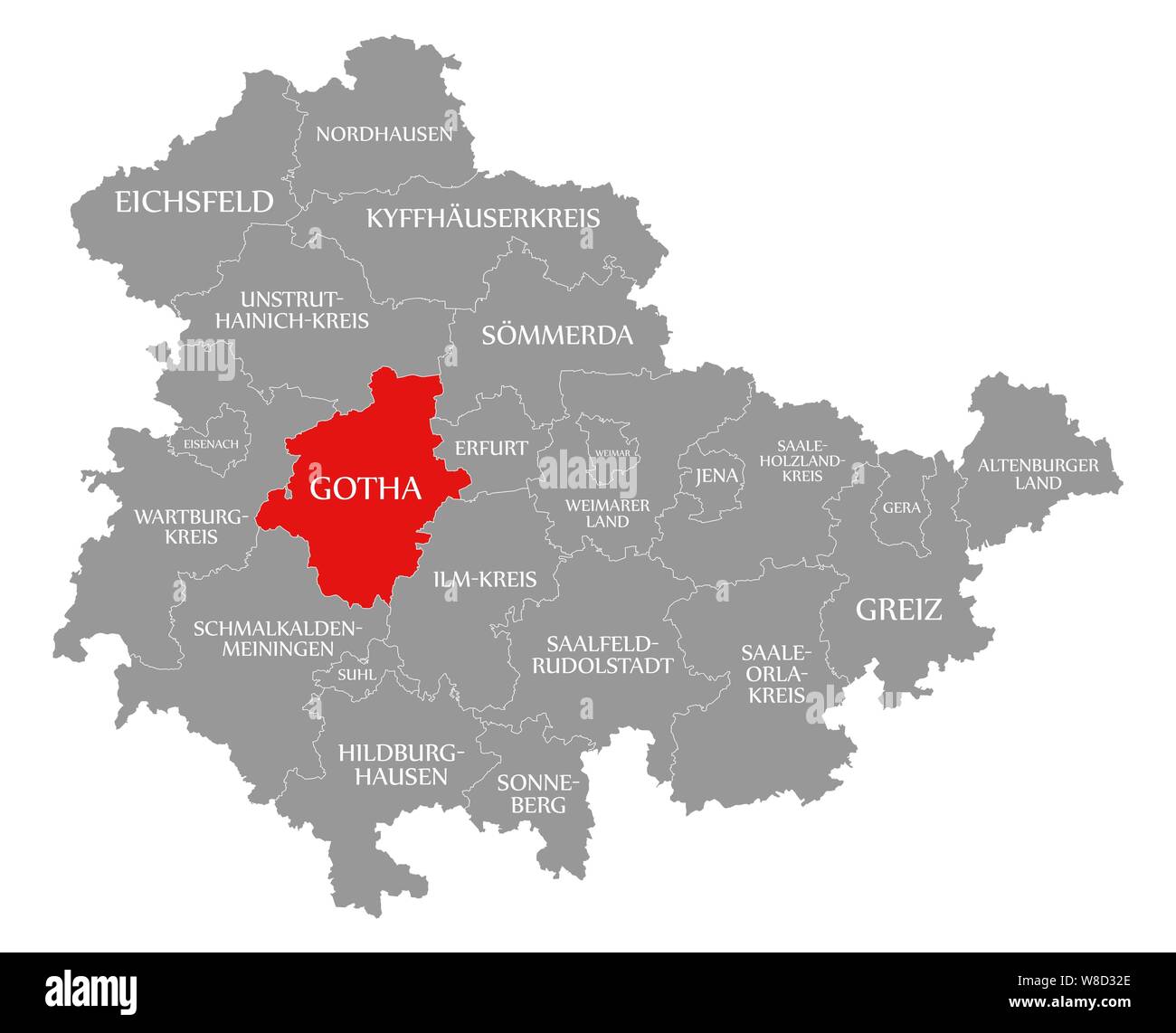 Gotha red highlighted in map of Thuringia Germany Stock Photo - Alamy