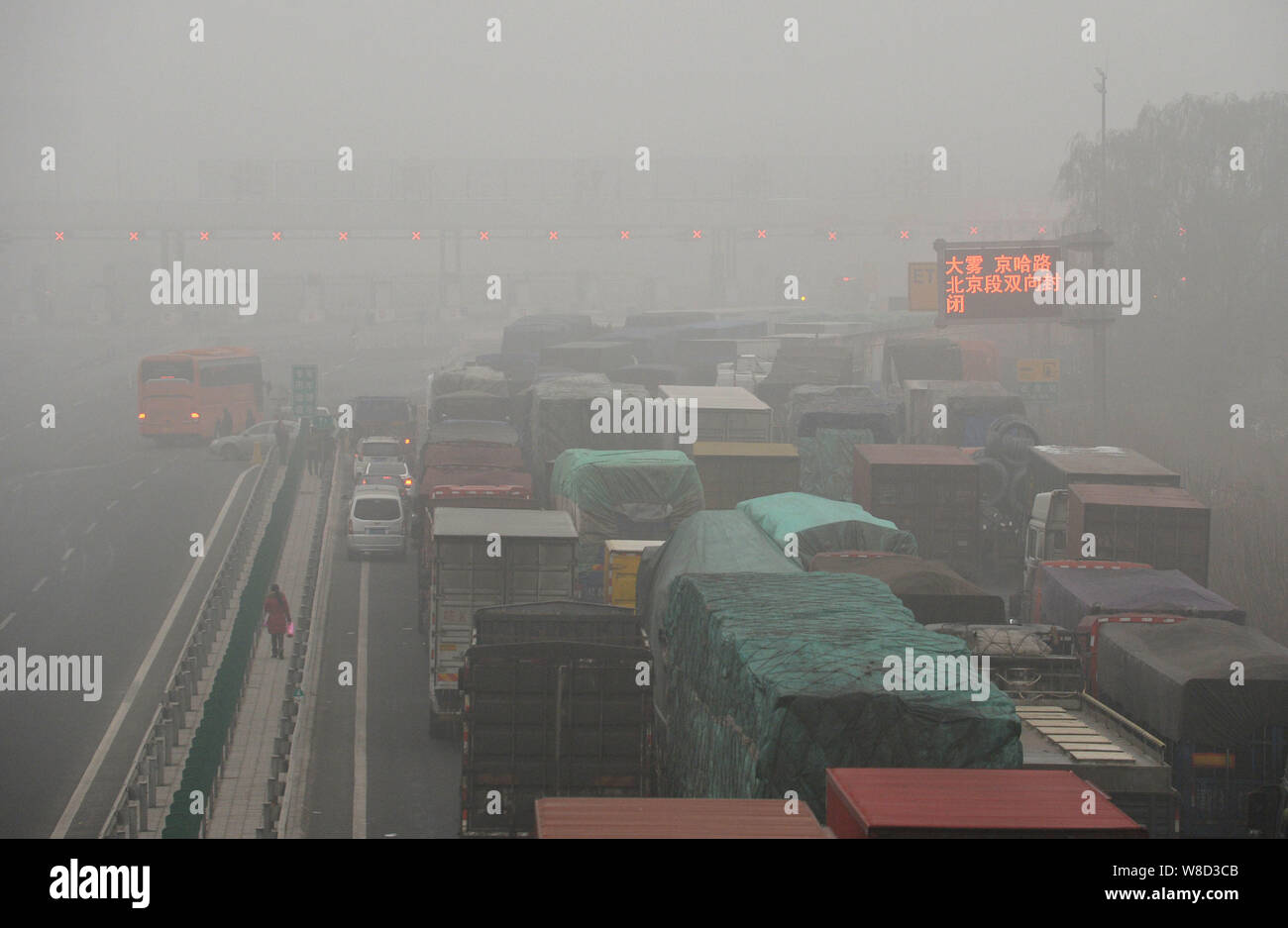 Trucks and cars are held up in front of a toll station on the Jingha ...