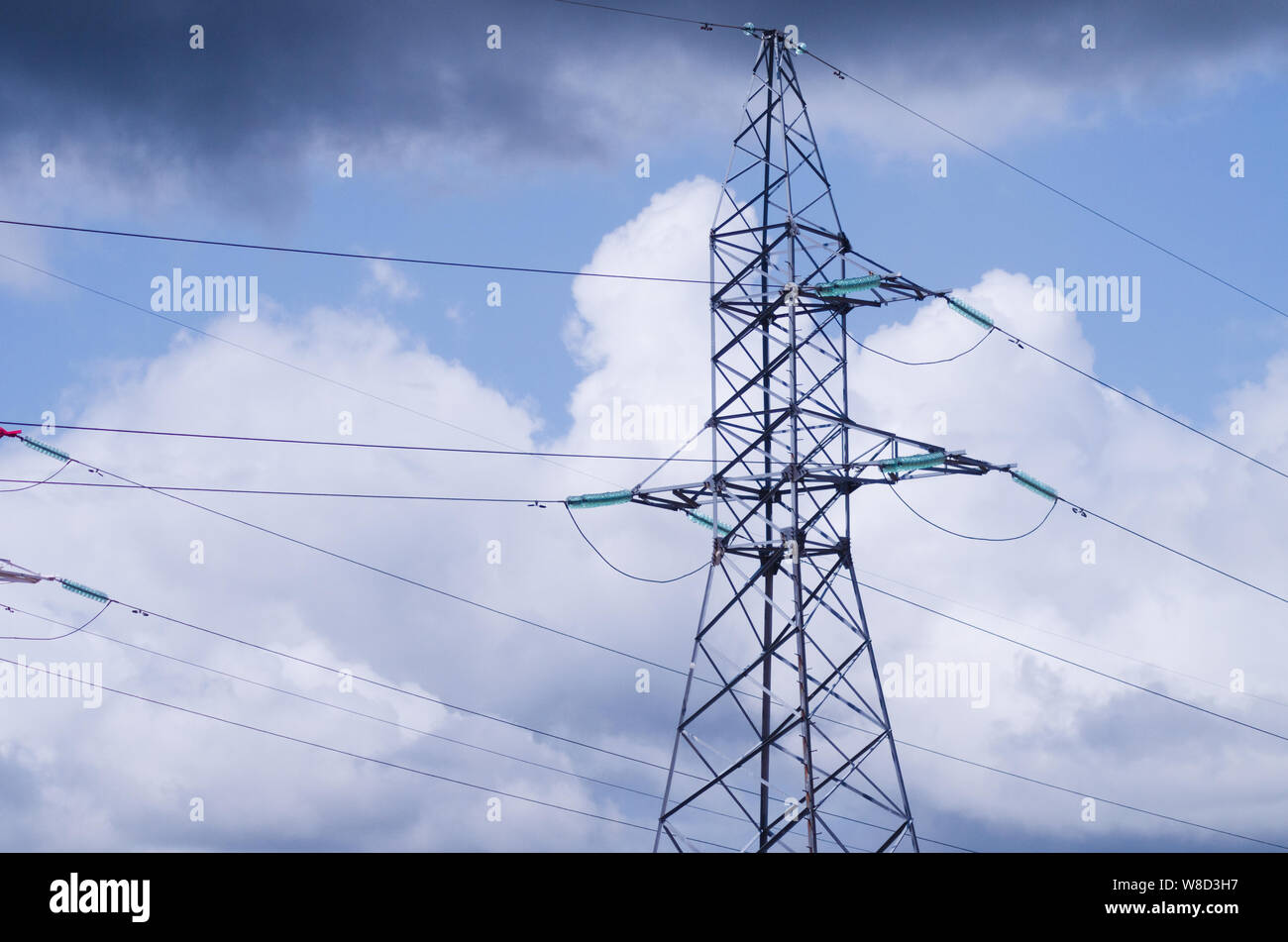 electric lines on sky and clouds background Stock Photo - Alamy