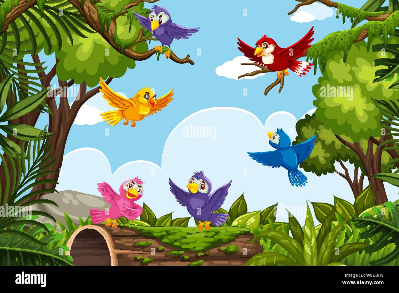 Colorful birds in nature scene illustration Stock Vector Image & Art ...