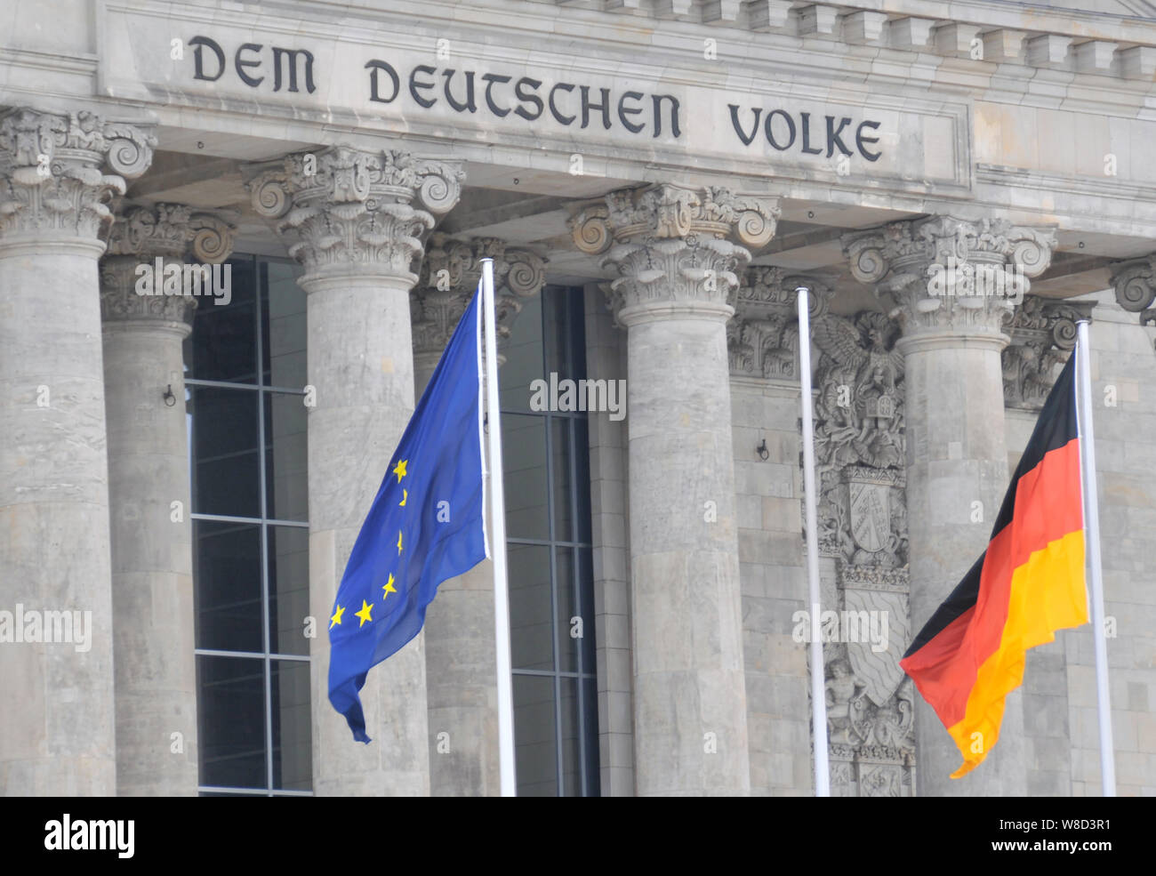 european and german flags before the Reichtag building, Berlin, Germany ...