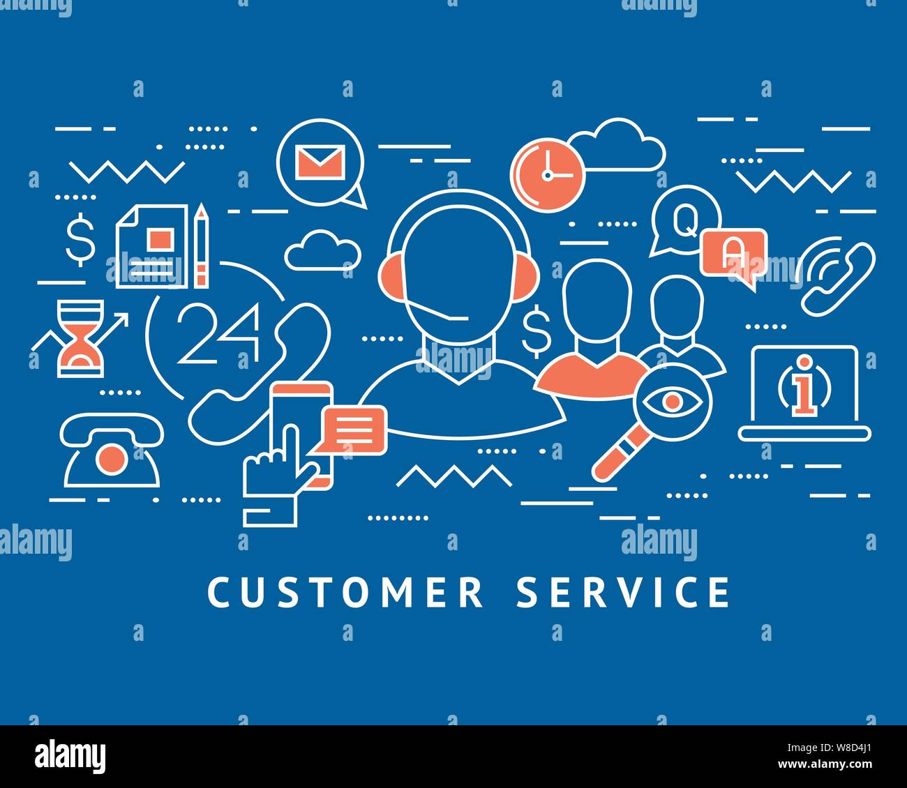 customer service, call centre line flat art vector background ...
