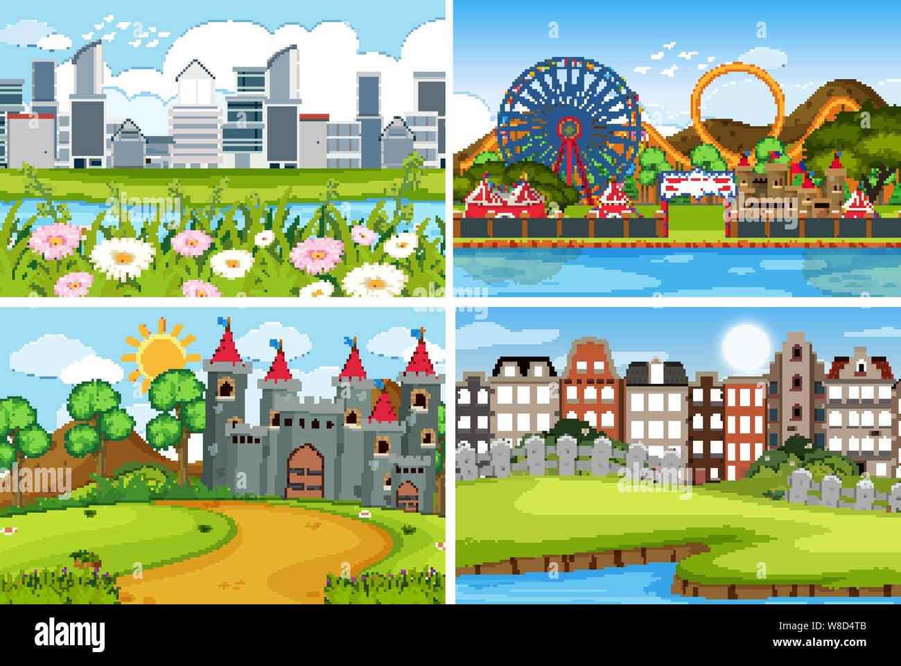 A set of outdoor scene including building illustration Stock Vector ...