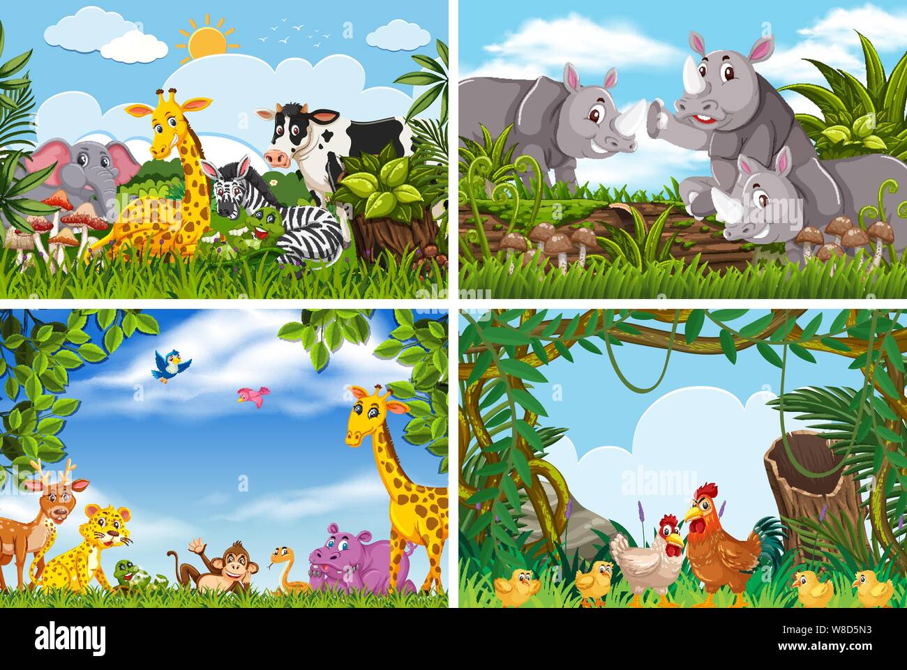 Set of various animals in nature scenes illustration Stock Vector Image ...
