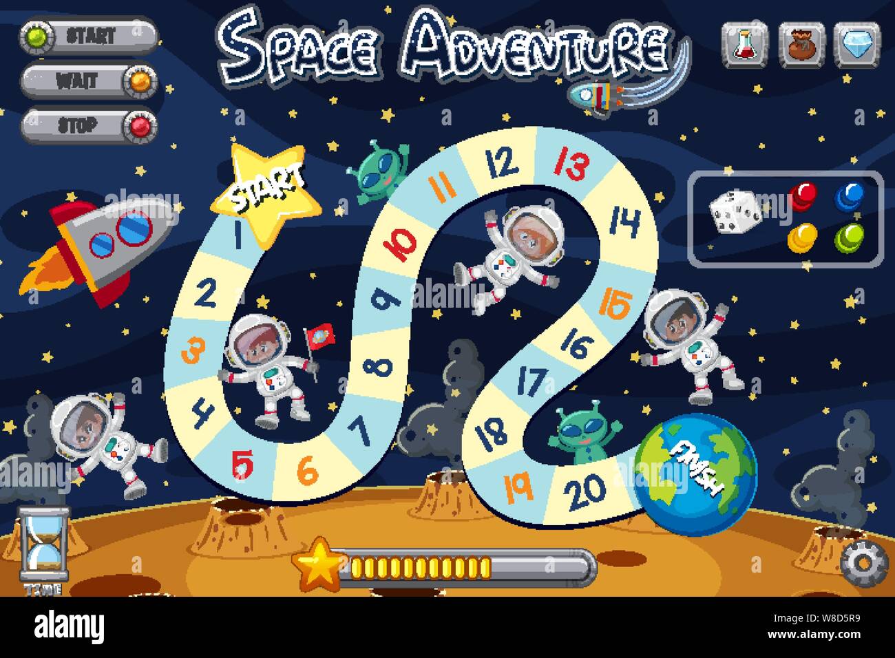 Game template with four astronauts and two aliens illustration Stock ...