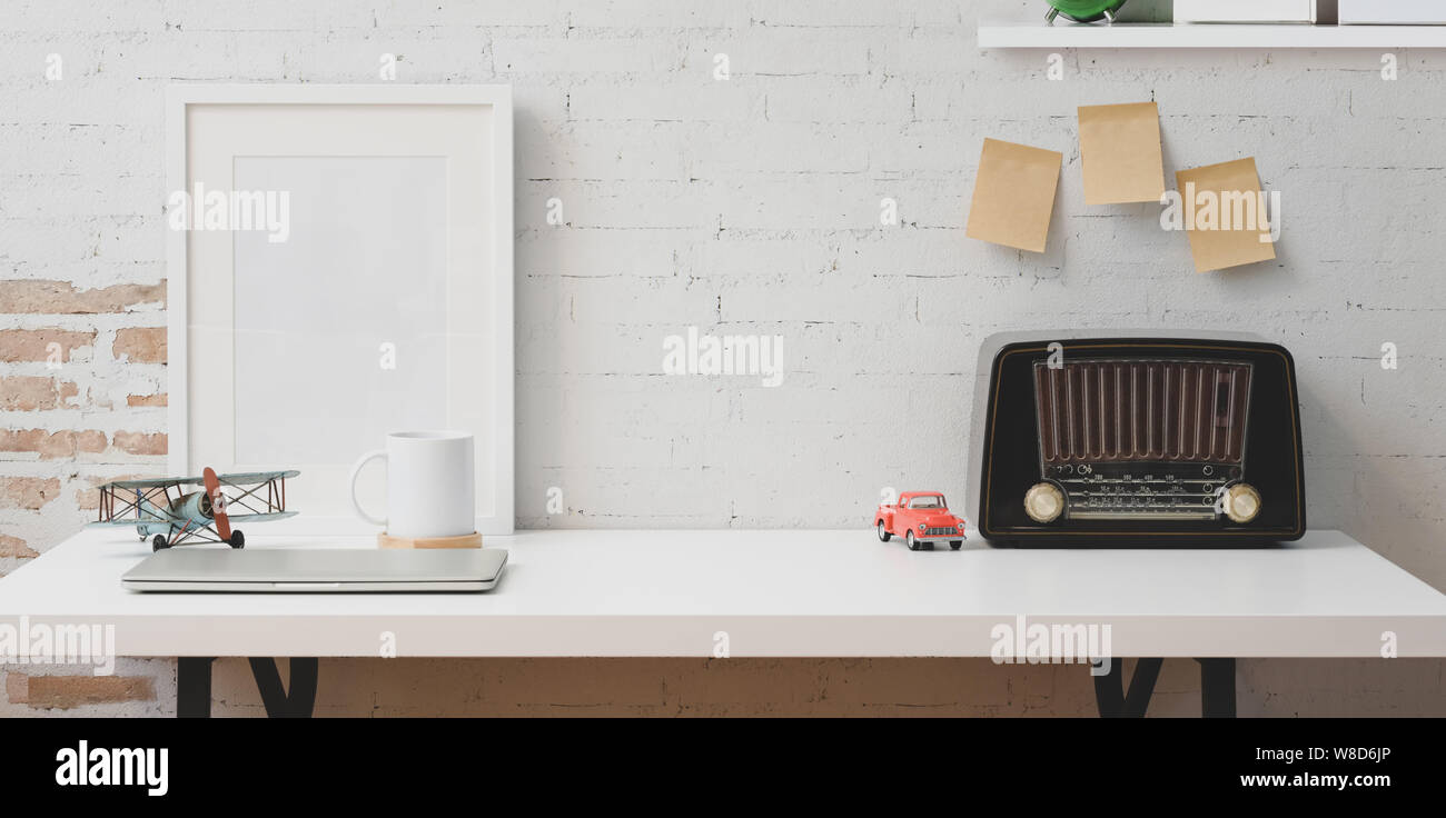 Vintage freelancer workplace with mock up frame, copy space and vintage ...