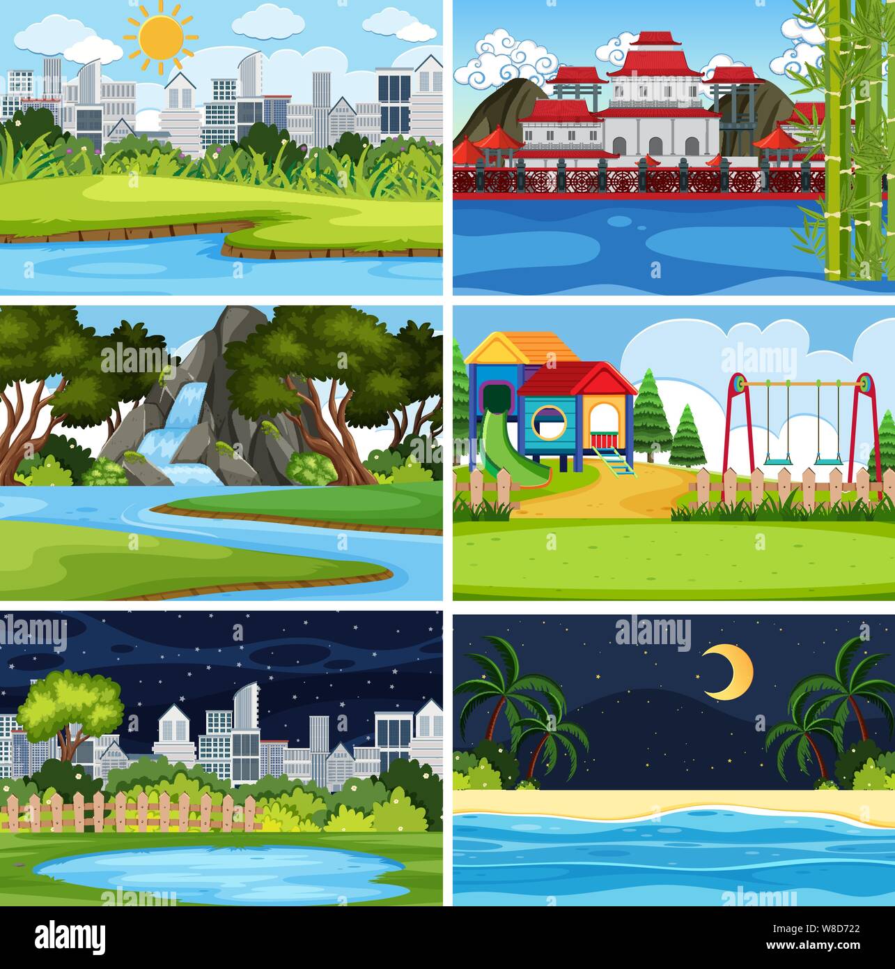 A set of outdoor scene including building illustration Stock Vector ...
