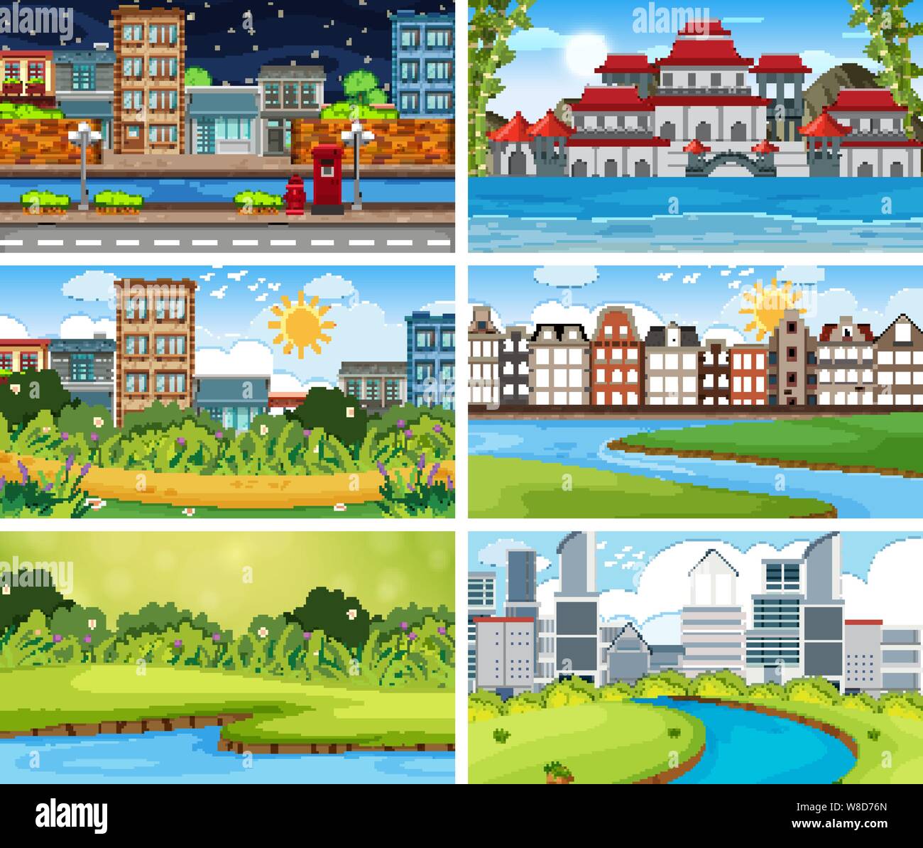 A set of outdoor scene including building illustration Stock Vector ...