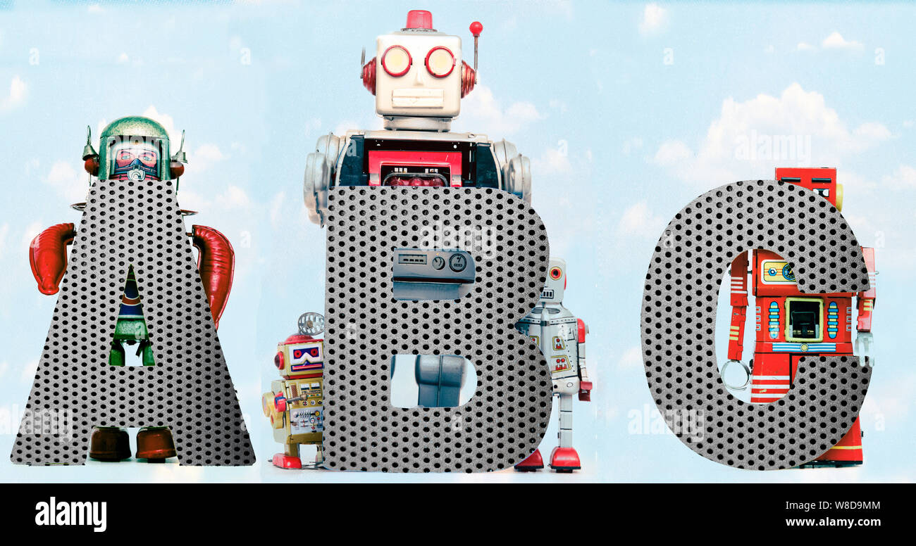 ABC kindergarten robot letters with sky and clouds Stock Photo - Alamy