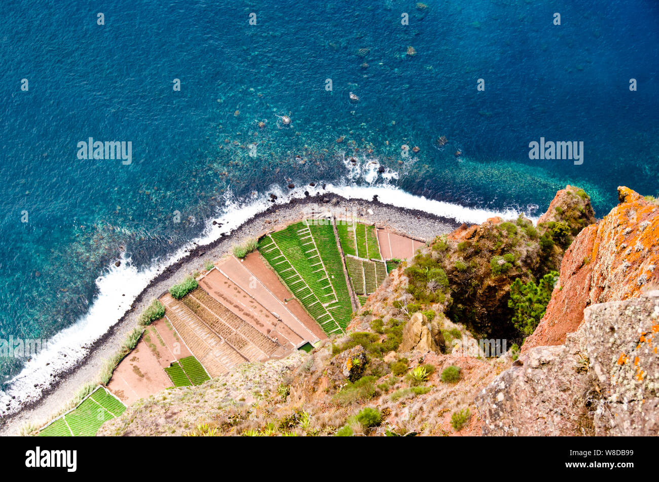Singular view from the skywalk at the steep coast Cabo Girao, Madeira ...