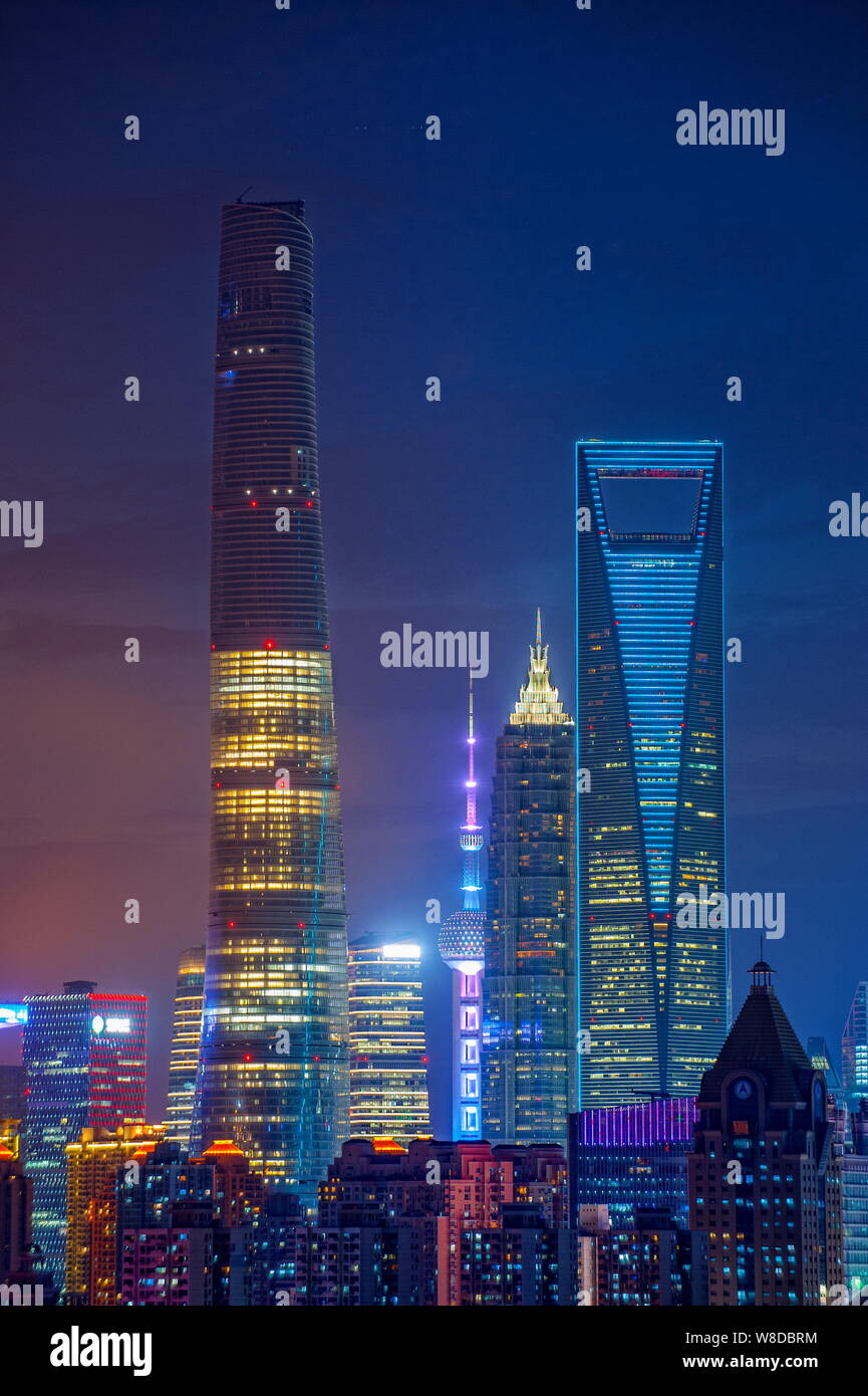 --FILE--Night view of the Lujiazui Financial District with the Shanghai ...