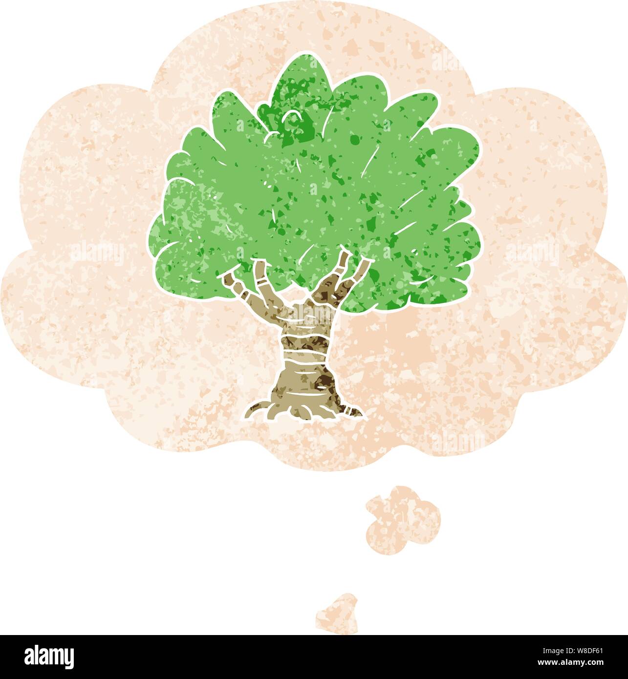 cartoon tree with thought bubble in grunge distressed retro textured ...