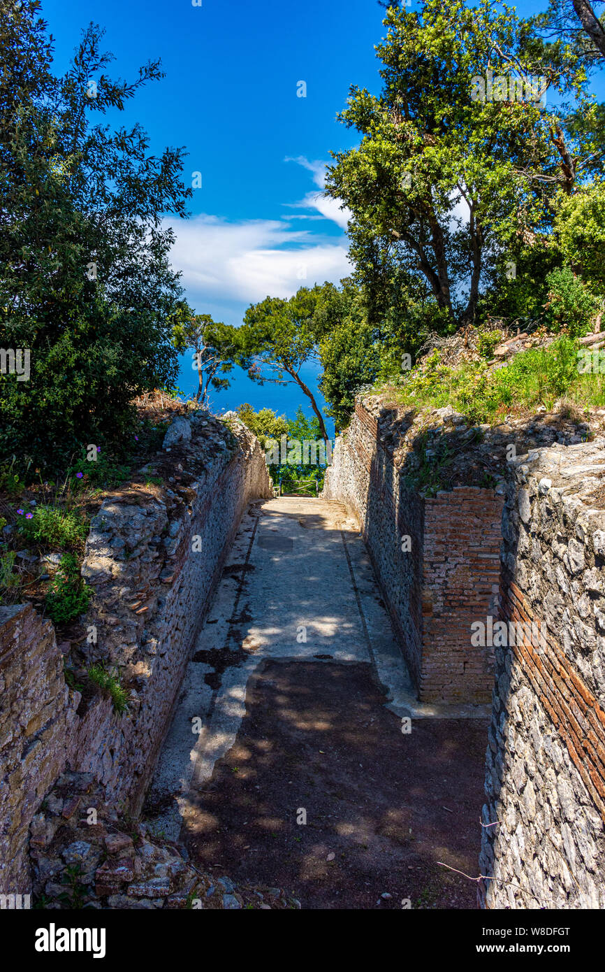 Italy, Capri, view and details of the archaeological remains of the ...