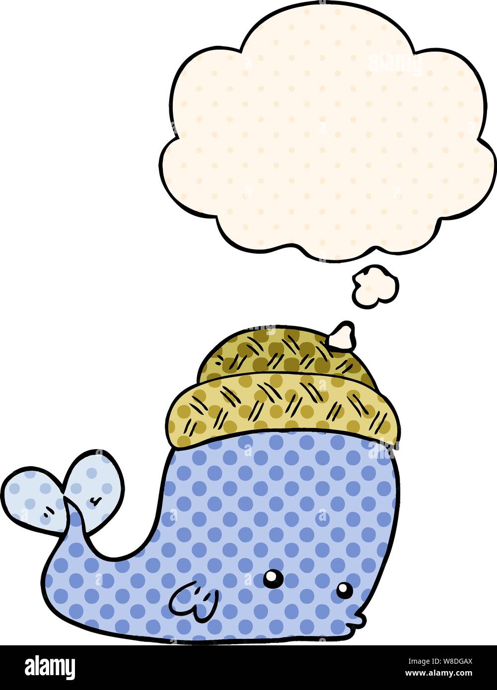 cartoon whale wearing hat with thought bubble in comic book style Stock ...