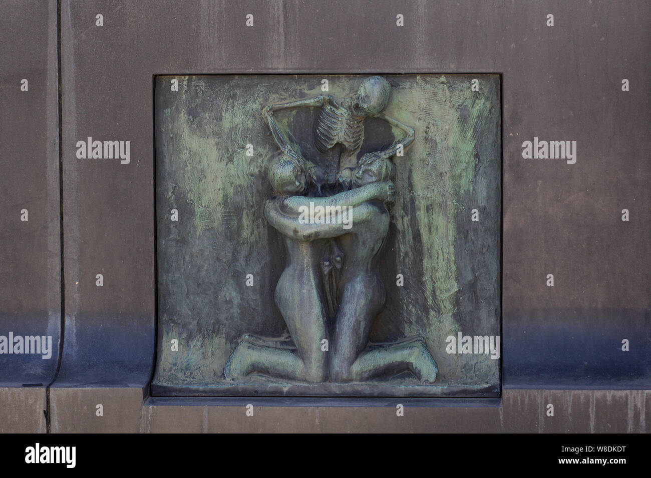 Oslo Norway - 22 june 2019: Relief of two persons hugging skeleton on ...