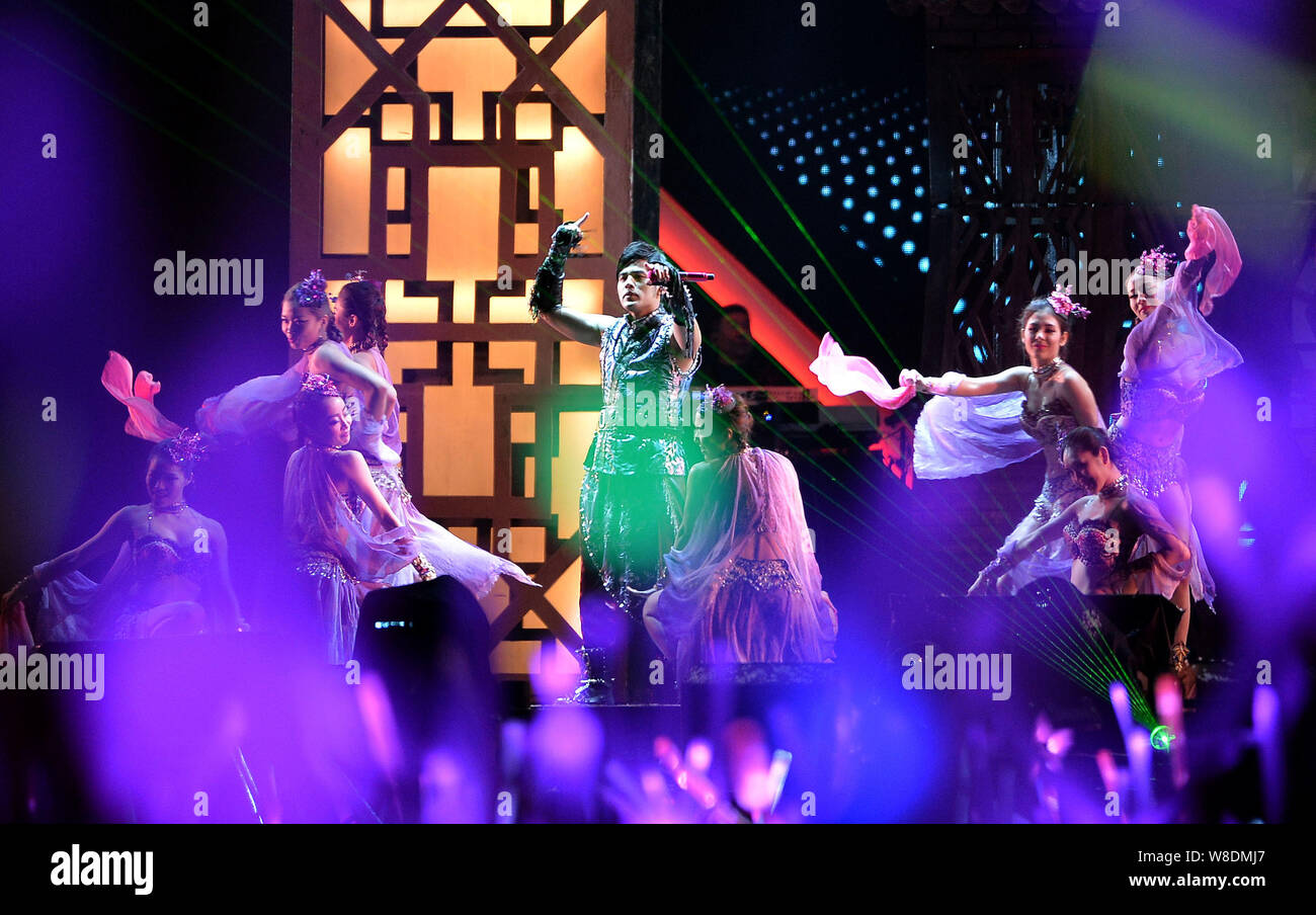 Taiwanese singer Jay Chou performs at the Chengdu concert during his ...
