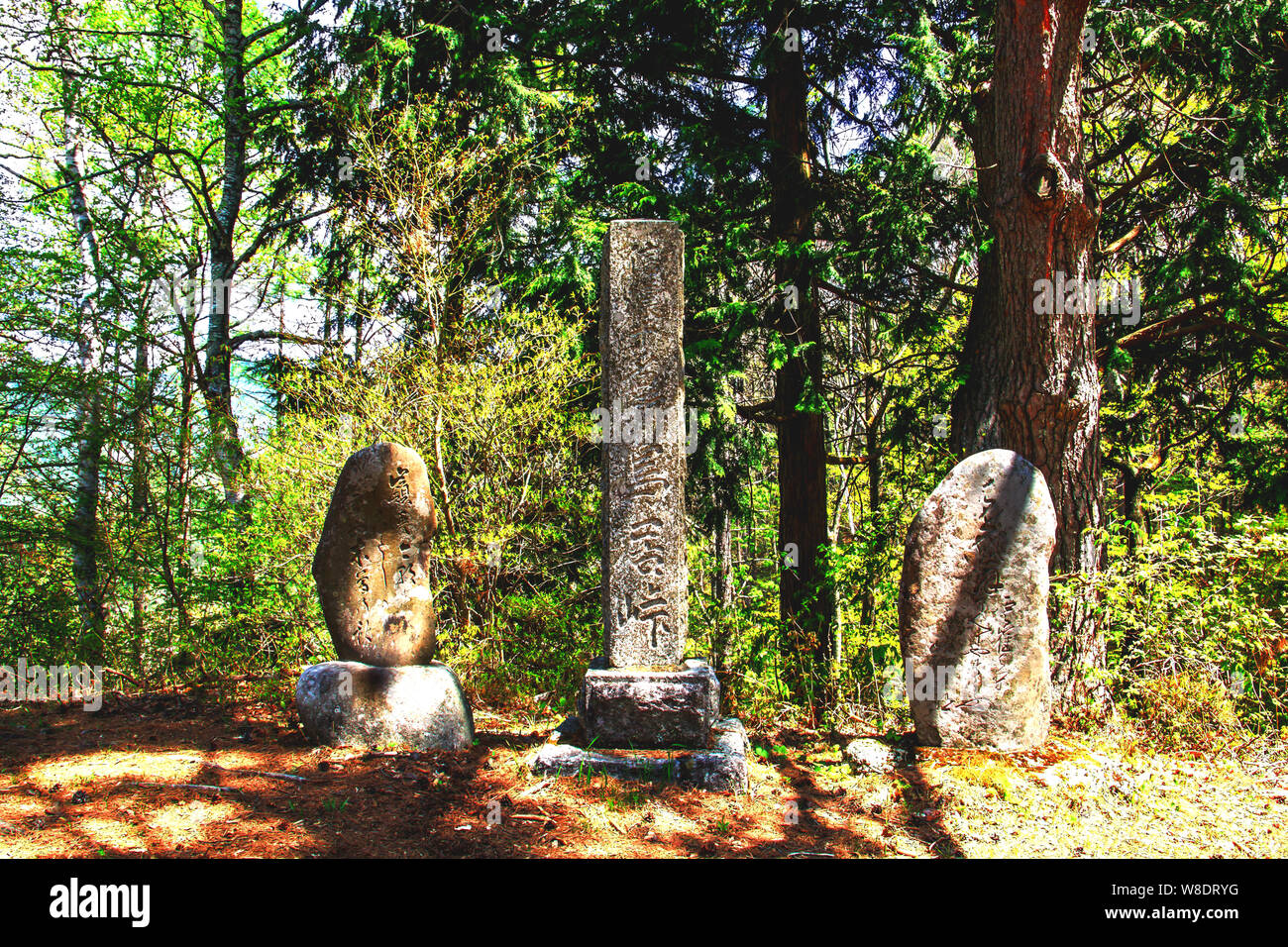 Basho haiku monuments in the woods of the Torii pass on the Nakasendo ...
