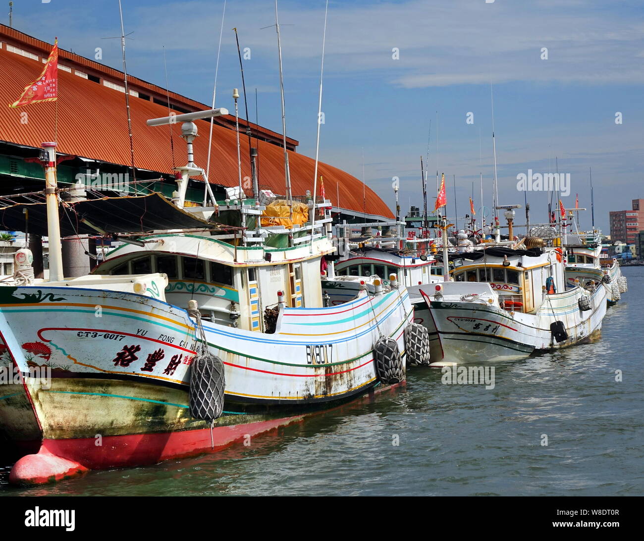 KAOHSIUNG, TAIWAN -- JUNE 27, 2019: Traditional Chinese fishing boats ...