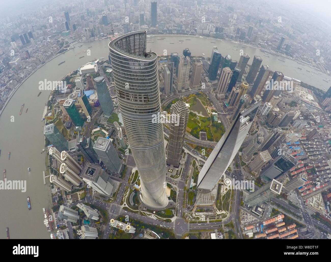 Aerial view of Puxi, Huangpu River and the Lujiazui Financial District with the Shanghai Tower ...