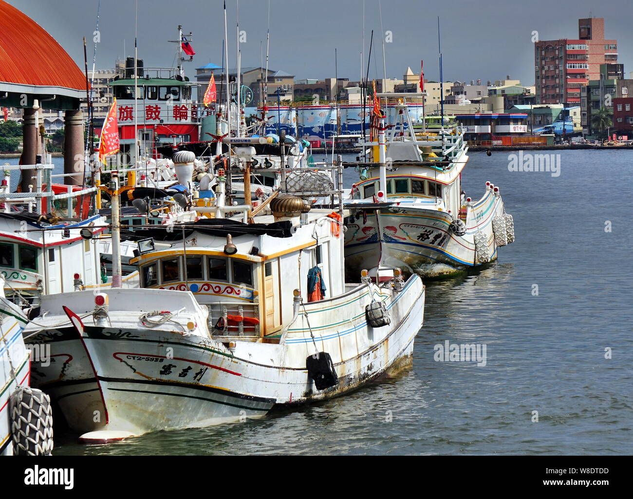 KAOHSIUNG, TAIWAN -- JUNE 27, 2019: Traditional Chinese fishing boats ...