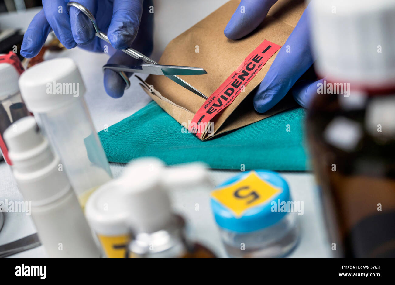 Scientific police opens with scissors a bag of evidence of a crime in ...