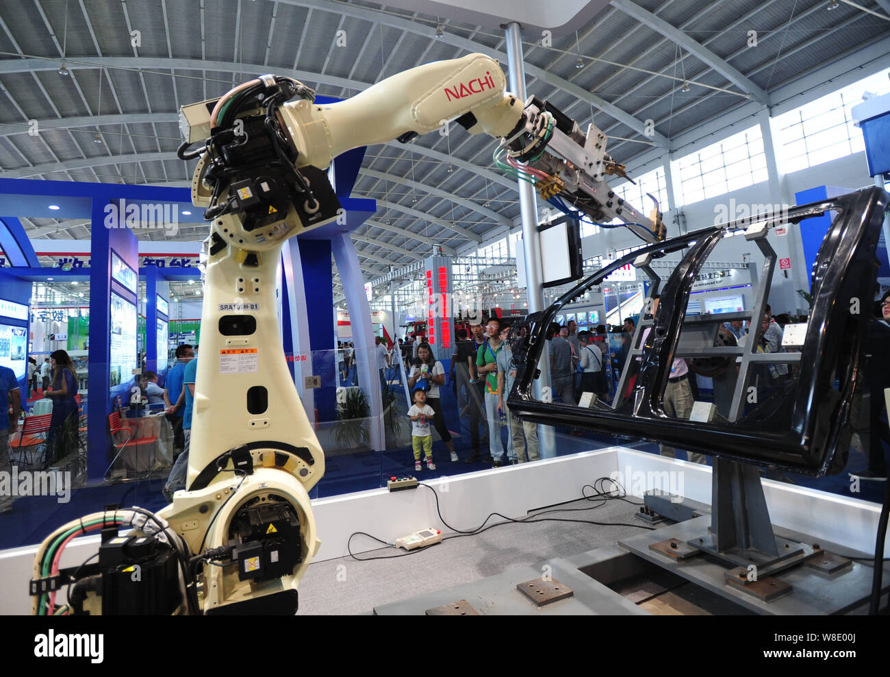 A welding robot of Japanese robot manufacturer Nachi Fujikoshi is on ...