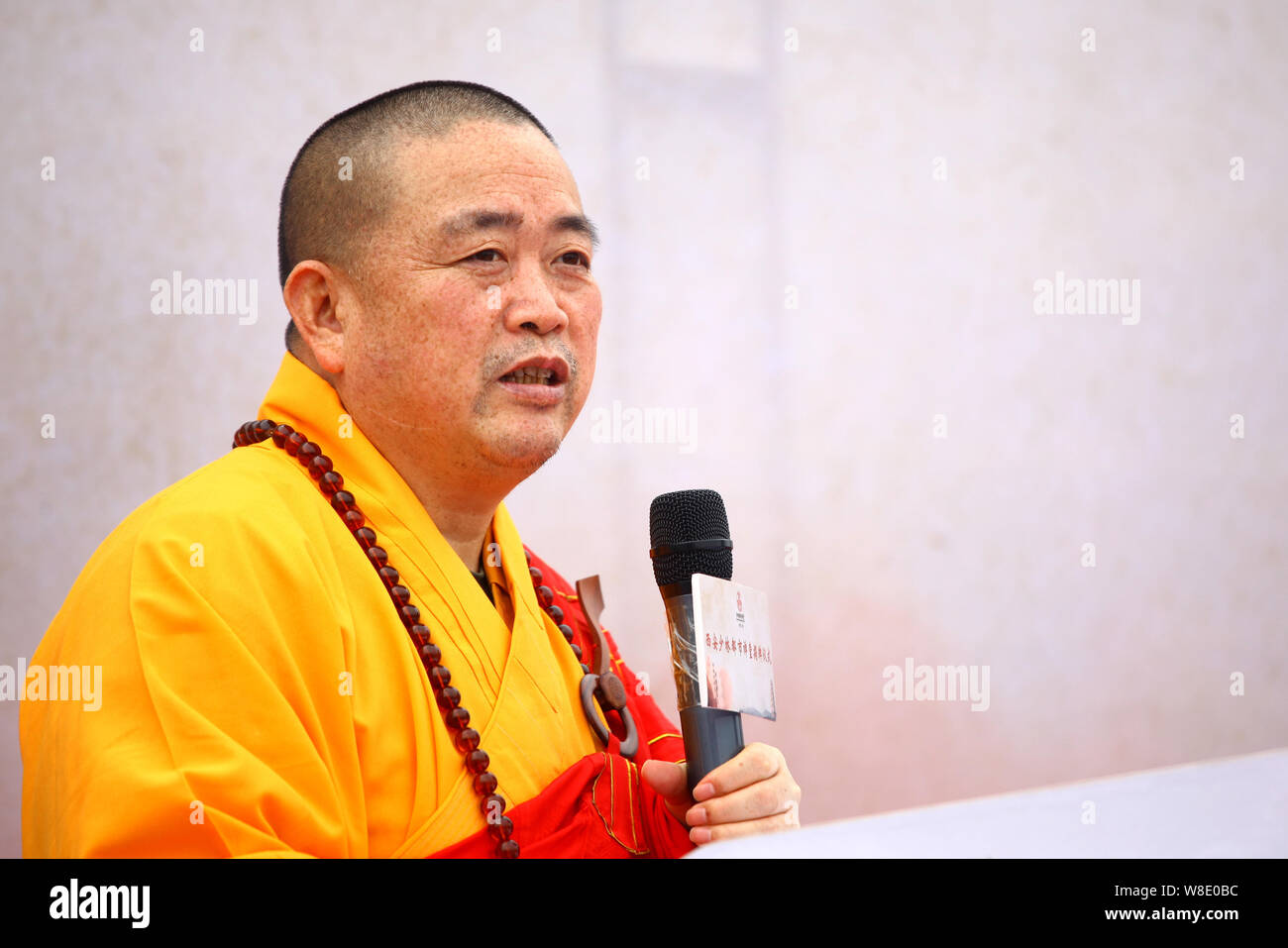 --FILE--Shi Yongxin, abbot of Shaolin Temple, speaks at the launch ...