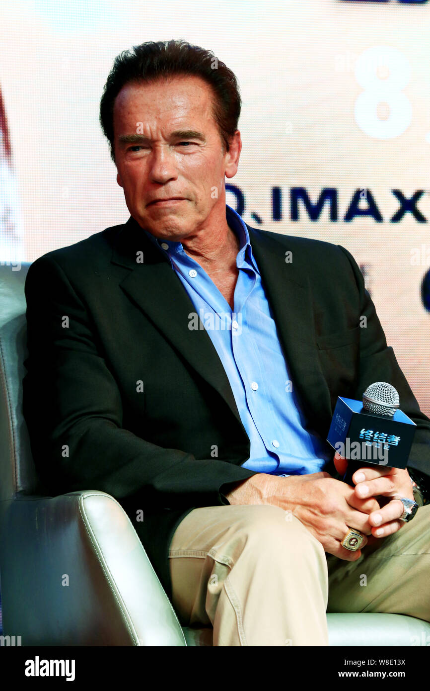 American actor Arnold Schwarzenegger attends a press conference for his ...