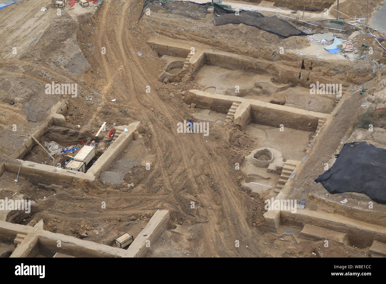 Aerial view of ancient tombs of Shang Dynasty (1600 BC-1046 BC) near ...