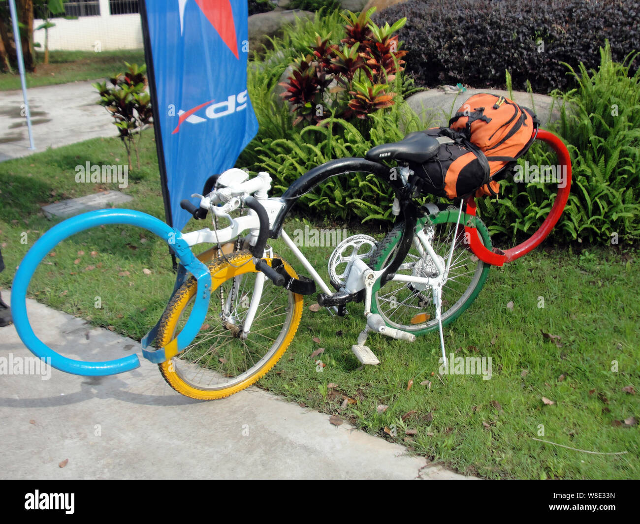 The bicycle refitted and decorated with the five Olympic rings by ...