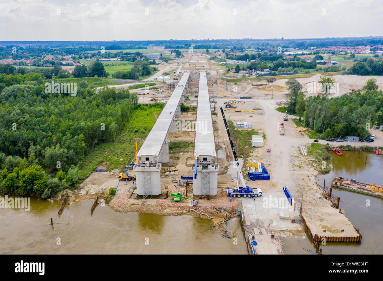 Aerial view of highway bridge under construction. Poland Warsaw. S2 ...