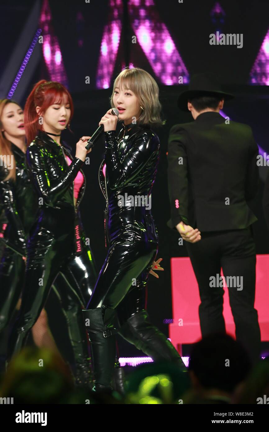 Members of South Korean girl group EXID perform during a filming ...