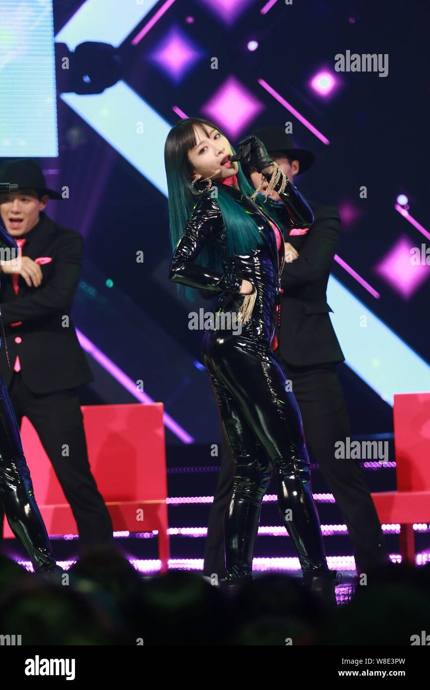 Members of South Korean girl group EXID perform during a filming ...