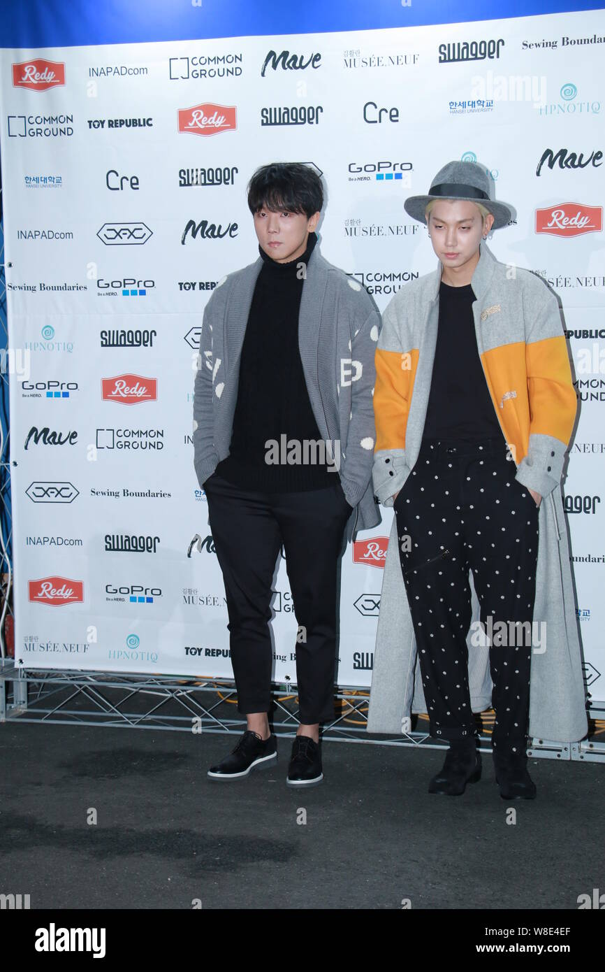 South Korean singer Junggigo, left, arrives for a fashion show of ...